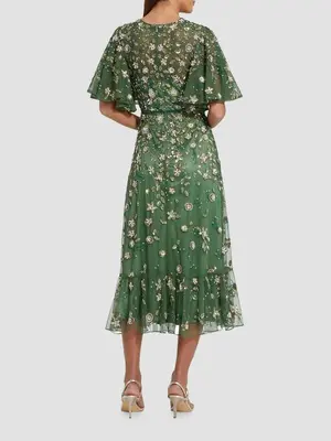 Mac Duggal Floral Beaded Mesh Midi-dress - Sage