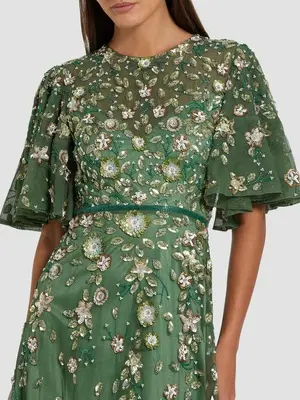 Mac Duggal Floral Beaded Mesh Midi-dress - Sage