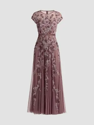 Mac Duggal Evening Floral-embroidered Mesh Gown - Heather