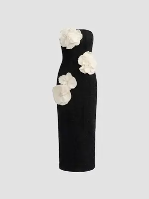 Mac Duggal Floral Appliqué Bouclé Strapless Midi-dress - Black Multi