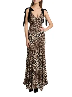 RODARTE Leopard Print Silk Bow-strap Gown