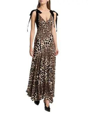 RODARTE Leopard Print Silk Bow-strap Gown