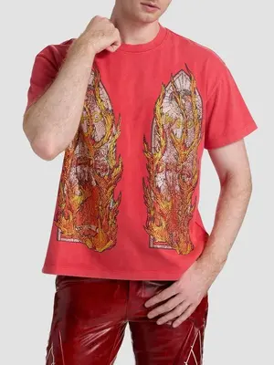 WHO DECIDES WAR Rhinestone Flame Glass Jersey T-shirt