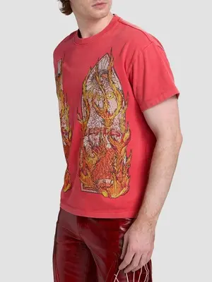WHO DECIDES WAR Rhinestone Flame Glass Jersey T-shirt