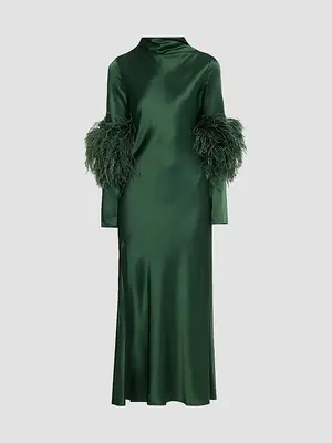 Lapointe Satin Feather-trimmed Bias Midi Dress - Forest