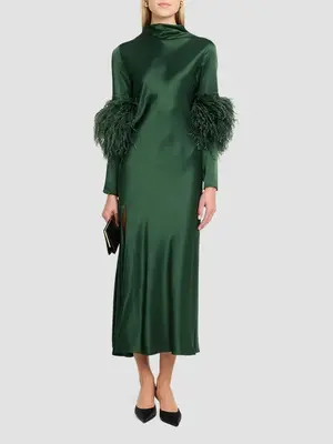 Lapointe Satin Feather-trimmed Bias Midi Dress