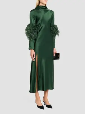 Lapointe Satin Feather-trimmed Bias Midi Dress