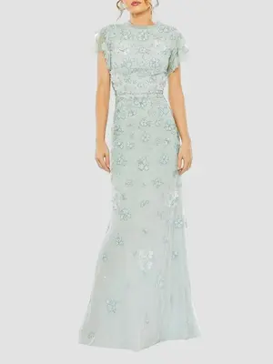 Mac Duggal High Neck Flutter-sleeve Floral Embellished Gown - Periwinkle