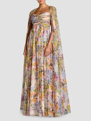 Mac Duggal Embellished Floral Cape Gown