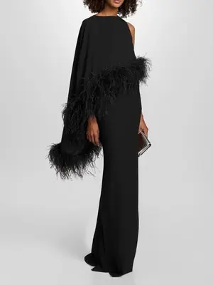 Lapointe Georgette Feather-trimmed Asymmetric Draped Gown