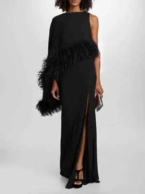 Lapointe Georgette Feather-trimmed Asymmetric Draped Gown