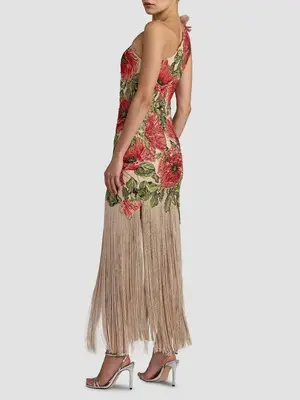 Mac Duggal Floral Appliqué Fringed One-shoulder Gown