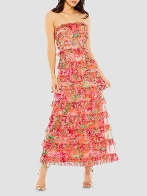 Mac Duggal Ruffled Strapless Maxi Dress - Orange Multi