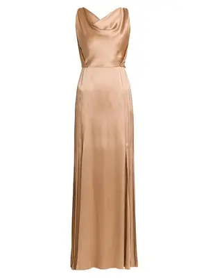 Alberta Ferretti Pleated Satin Cowlneck Gown - Beige