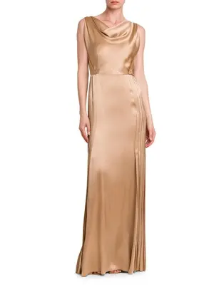 Alberta Ferretti Pleated Satin Cowlneck Gown