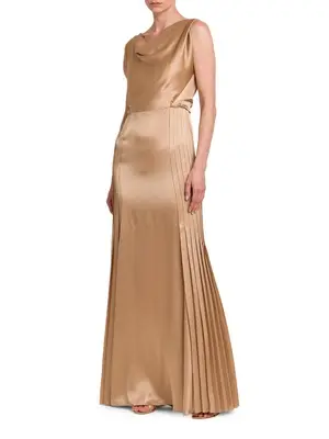 Alberta Ferretti Pleated Satin Cowlneck Gown