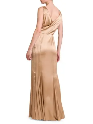 Alberta Ferretti Pleated Satin Cowlneck Gown