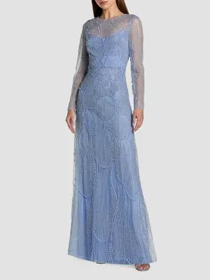 Mac Duggal Beaded Mesh Long-sleeve A-line Gown