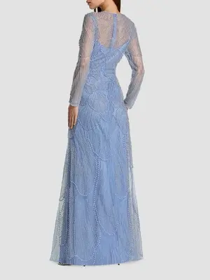 Mac Duggal Beaded Mesh Long-sleeve A-line Gown