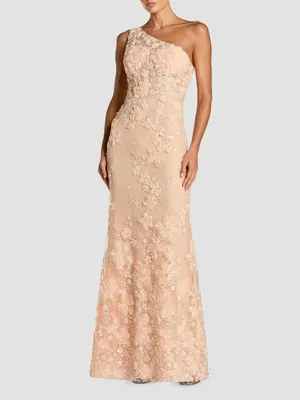Mac Duggal Floral Embroidered One-shoulder Column Gown