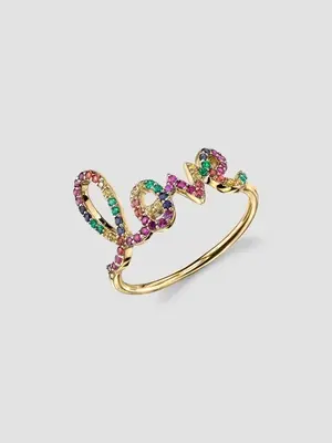SYDNEY EVAN Bright Smiles 14k Yellow Gold & Sapphire Large "love" Script Ring - Rainbow