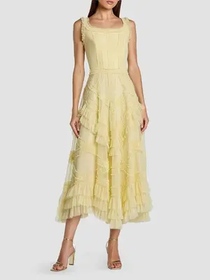 Mac Duggal Mesh Ruffled Scoopneck Midi-dress - Buttercup
