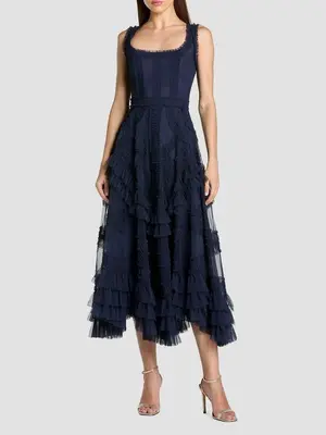 Mac Duggal Mesh Ruffled Scoopneck Midi-dress Midnight
