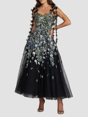 Mac Duggal Floral-embroidered Tassel Tulle Cocktail Dress
