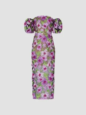 MILLY Nira Floral-embroidered Off-the-shoulder Midi-dress - Pink Multi