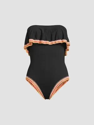 MILLY Strapless Ruffle Crochet-trim One-piece Swimsuit - Black Multi