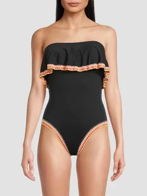 MILLY Strapless Ruffle Crochet-trim One-piece Swimsuit