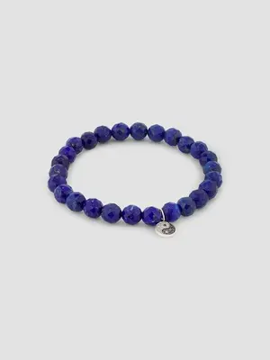 SYDNEY EVAN 14k White Gold Lazuli & 0.08 Tcw Diamond Yin & Yang Beaded Stretch Bracelet - Lapis