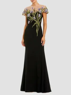 Mac Duggal Petite Floral-embroidered Illusion Neck Mermaid Gown