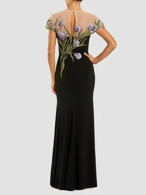 Mac Duggal Petite Floral-embroidered Illusion Neck Mermaid Gown