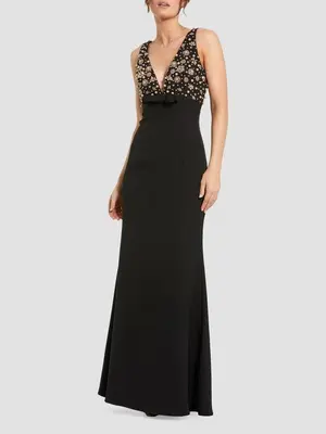 Mac Duggal Petite Embellished Crepe V-neck Gown
