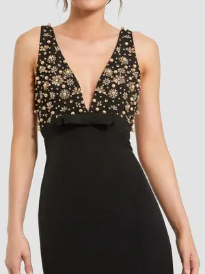 Mac Duggal Petite Embellished Crepe V-neck Gown