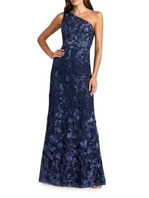 Mac Duggal Petite Floral-embroidered One-shoulder Gown - Midnight Multi