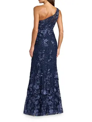 Mac Duggal Petite Floral-embroidered One-shoulder Gown - Midnight Multi