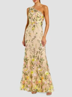 Mac Duggal Petite Floral-embroidered One-shoulder Gown - Yellow Multi