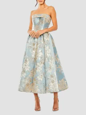 Mac Duggal Petite Floral Brocade Fit & Flare Strapless Midi-dress - Blue Multi