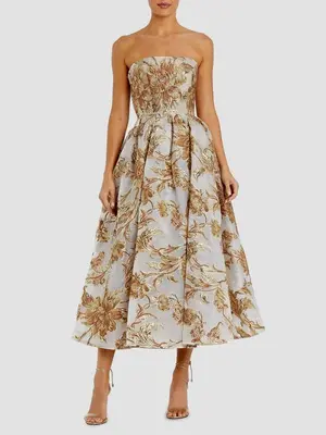 Mac Duggal Petite Floral Brocade Fit & Flare Strapless Midi-dress - Bronze