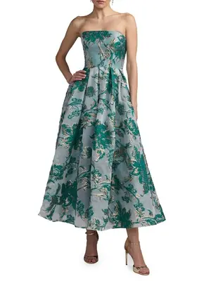 Mac Duggal Petite Floral Brocade Fit & Flare Strapless Midi-dress - Teal