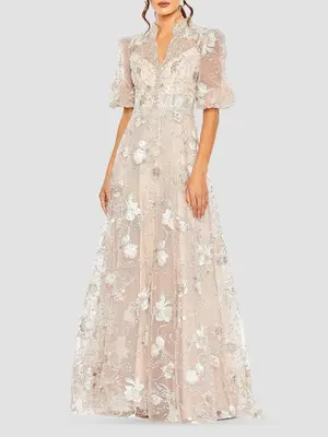 Mac Duggal Petite Floral Embroidered A-line V-neck Gown