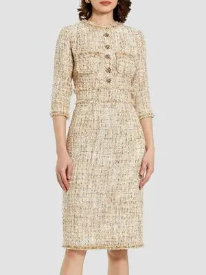 Mac Duggal Petite Embellished Tweed Round-neck Midi-dress