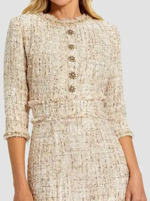 Mac Duggal Petite Embellished Tweed Round-neck Midi-dress