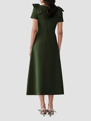 Carolina Herrera Boatneck Bow Shoulder Short-sleeve Midi Dress
