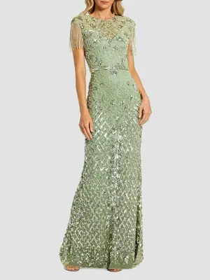 Mac Duggal Petite Embellished Fringe Column Gown