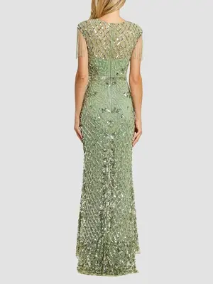 Mac Duggal Petite Embellished Fringe Column Gown