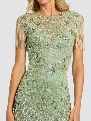 Mac Duggal Petite Embellished Fringe Column Gown