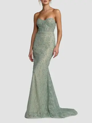 Mac Duggal Embellished Floral Lace Strapless Gown - Sage